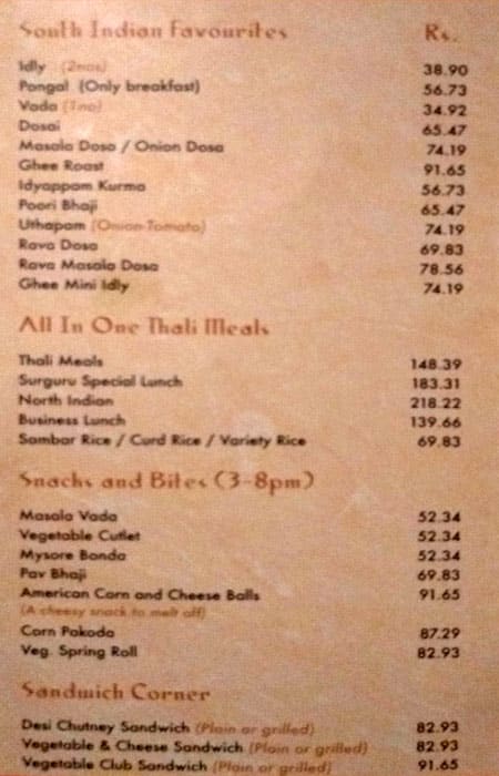 Menu at Surguru Restaurant, Puducherry, Mission St