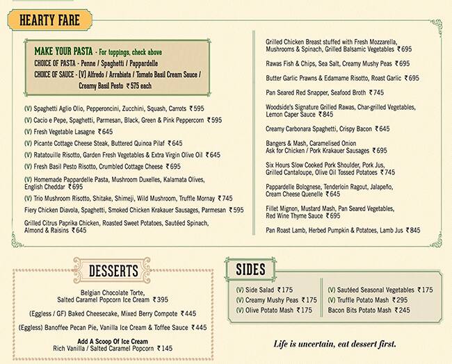 Menu of Woodside Inn, Oshiwara, Andheri West, Mumbai
