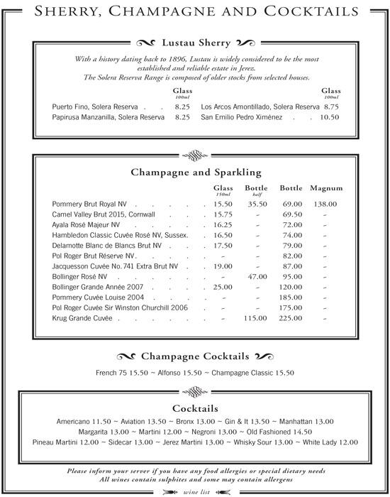 Menu at The Wolseley cafe, London, 160 Piccadilly