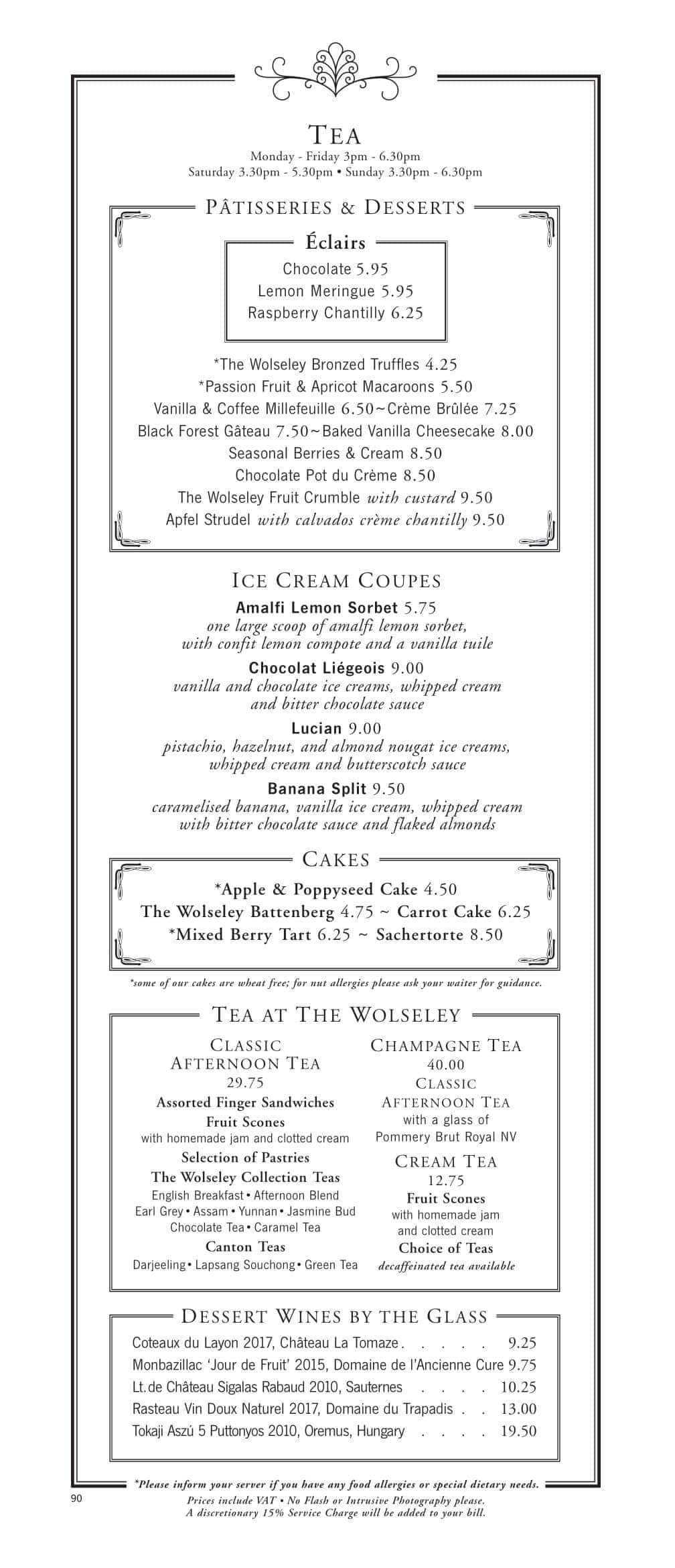Menu at The Wolseley cafe, London
