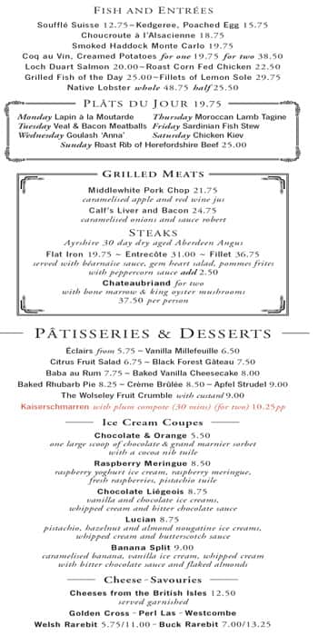 Menu at The Wolseley cafe, London, 160 Piccadilly