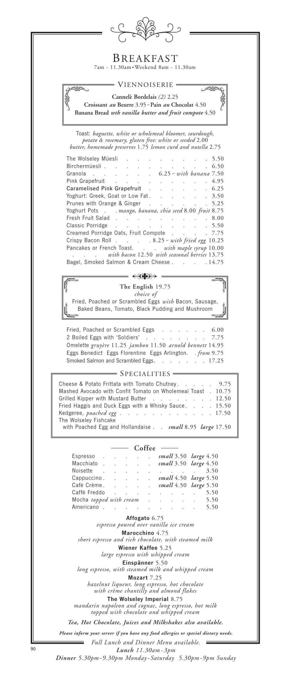 Menu at The Wolseley cafe, London