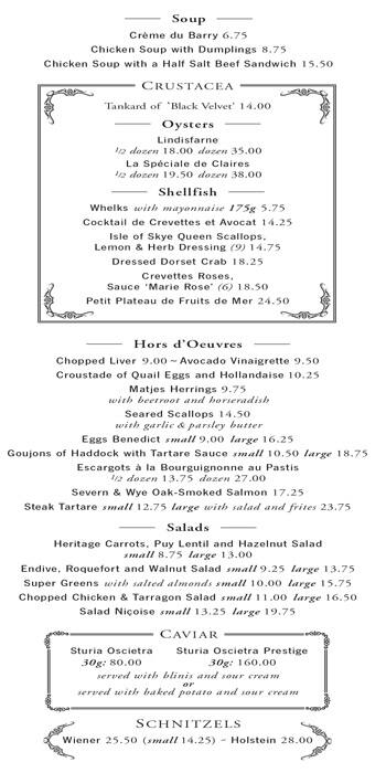 Menu at The Wolseley cafe, London, 160 Piccadilly