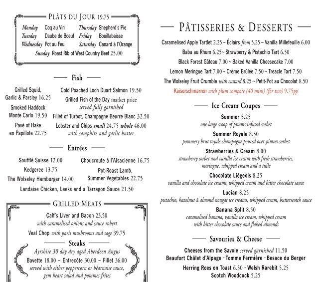 Menu at The Wolseley cafe, London, 160 Piccadilly