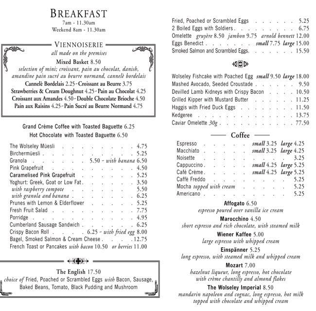 Menu at The Wolseley cafe, London, 160 Piccadilly