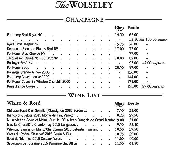 Menu at The Wolseley cafe, London, 160 Piccadilly