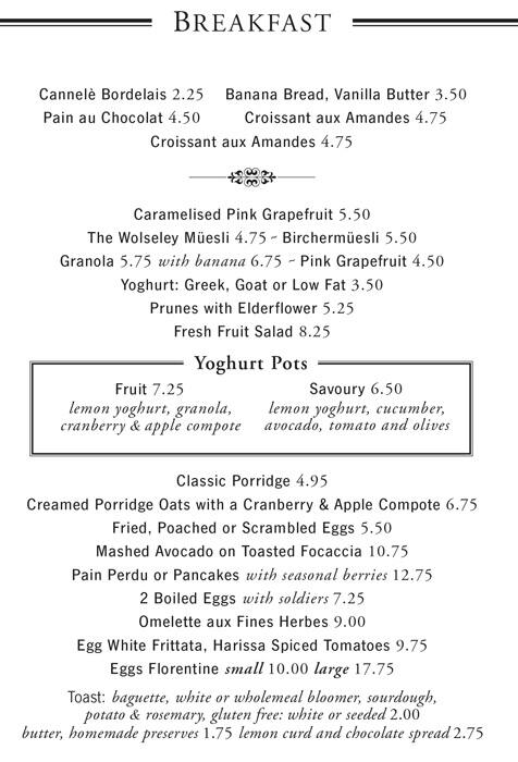 Menu at The Wolseley cafe, London, 160 Piccadilly