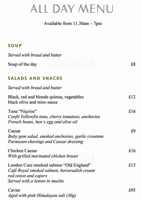 Menu at Green Bar at Hotel Cafe Royal, London