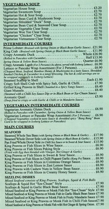 Menu at Man Chui III Chinese Restaurant, London, 84 Ballards Ln