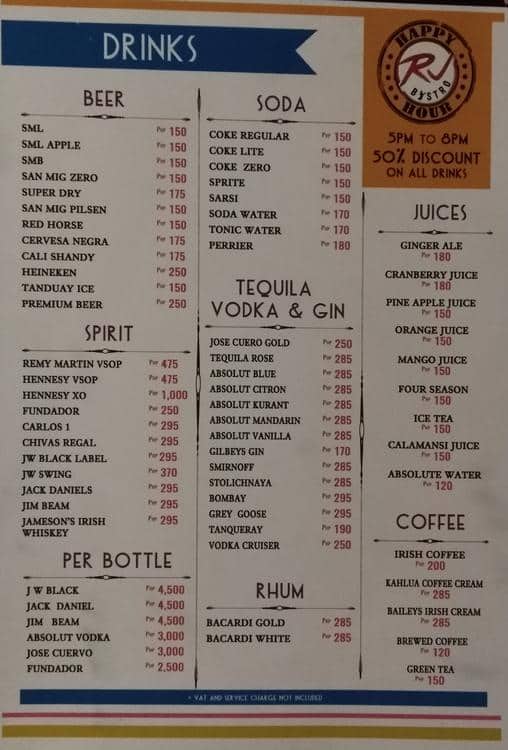 Menu at RJ Bistro pub & bar, Makati, Dusit Thani Hotel