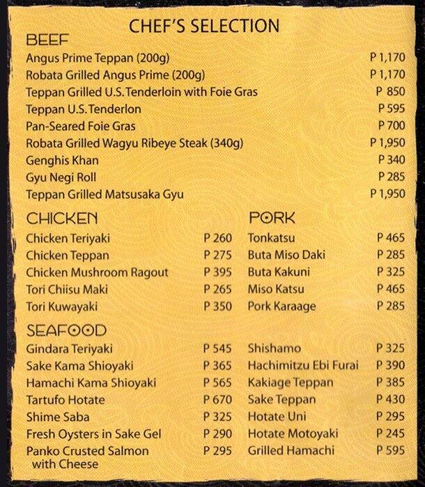 Menu at Yumi Japanese (Tepan and Ramen) restaurant, Makati