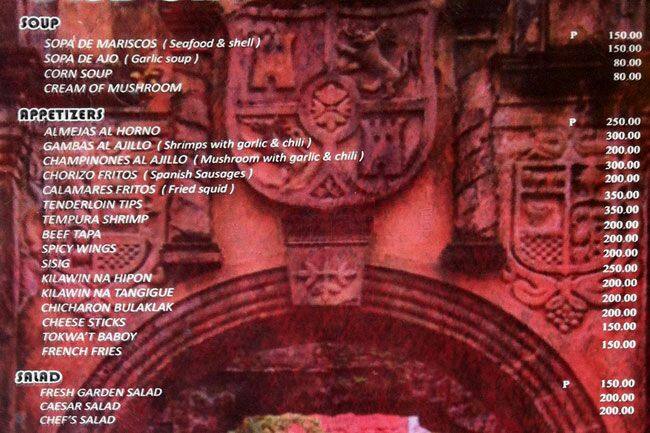 Menu at Club One, Manila