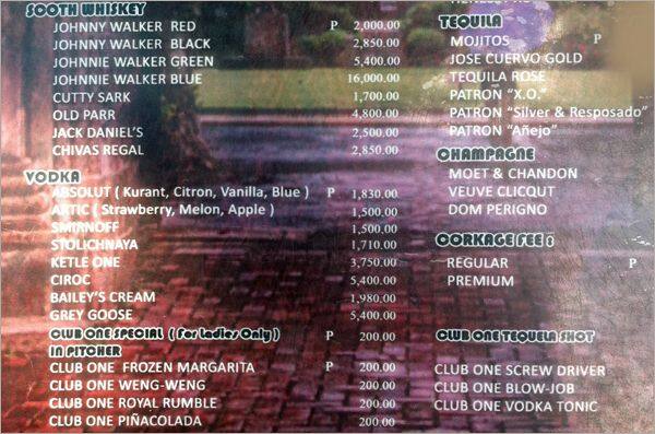 Menu at Club One, Manila