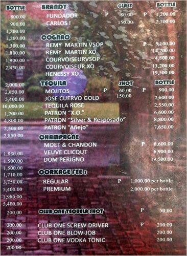 Menu at Club One, Manila