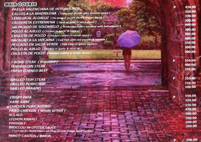 Menu at Club One, Manila