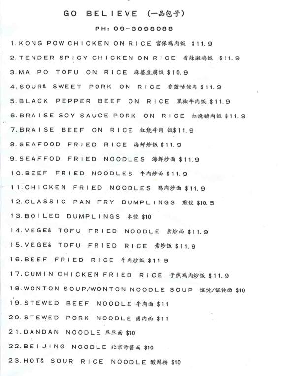 Menu at Go Believe cafe, Auckland