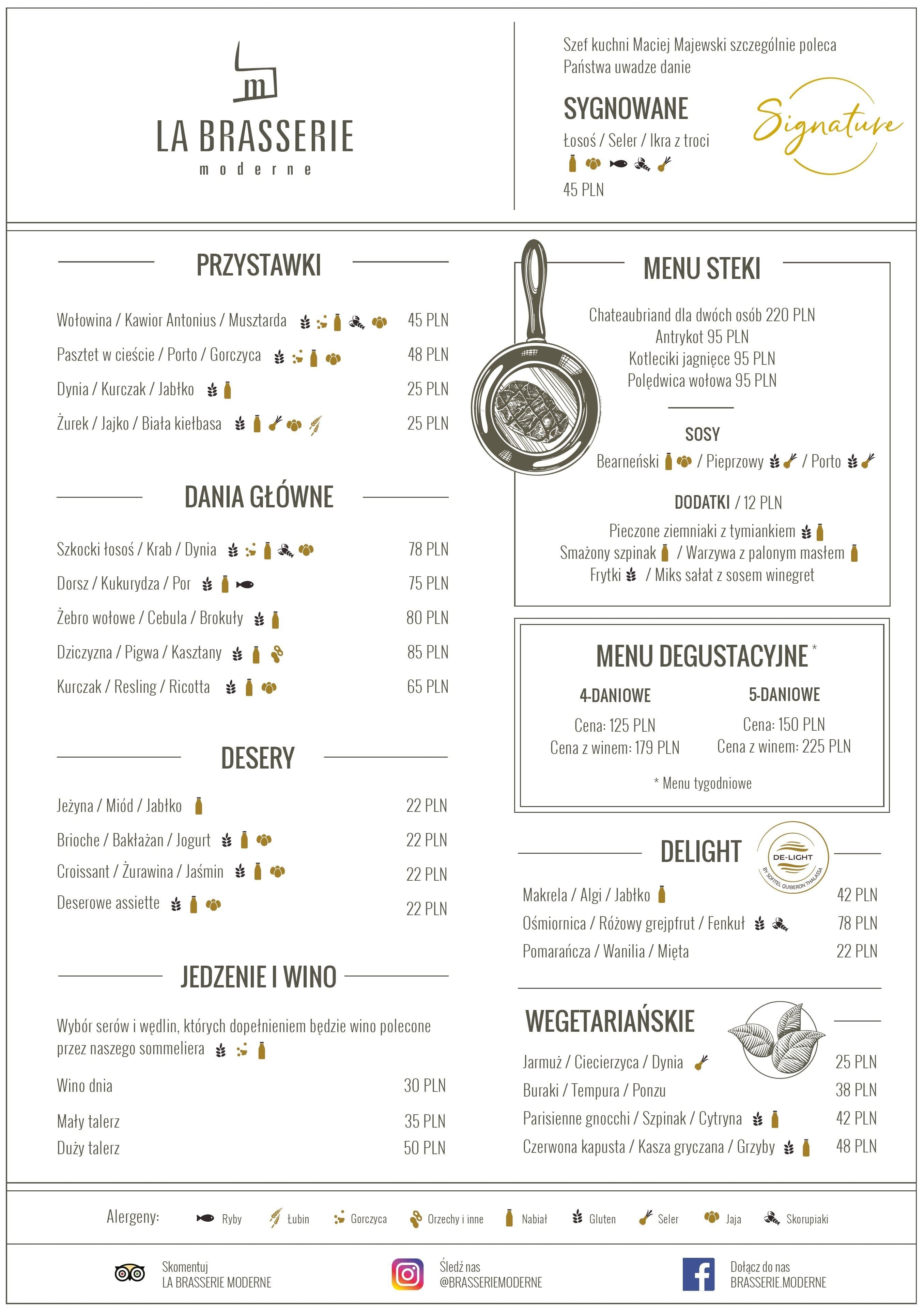 Menu at La Brasserie Moderne restaurant, Warsaw