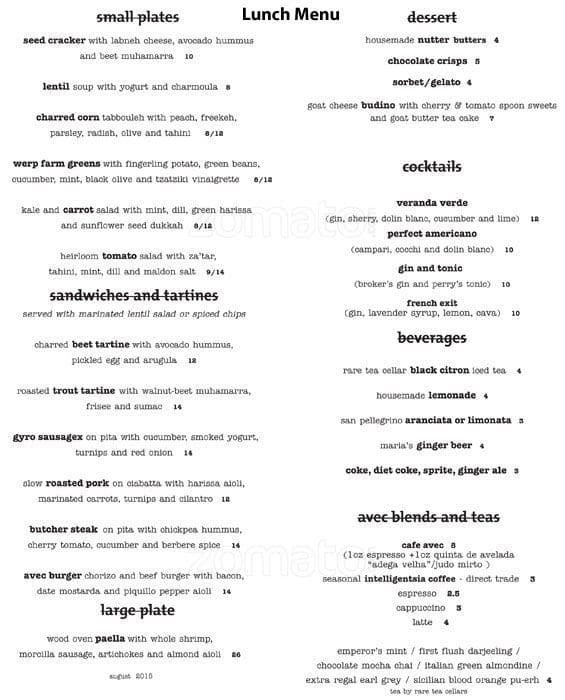 Menu at Avec restaurant, Chicago