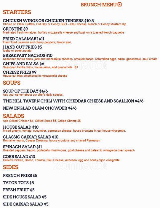 Menu at The Hill Tavern pub & bar, Boston