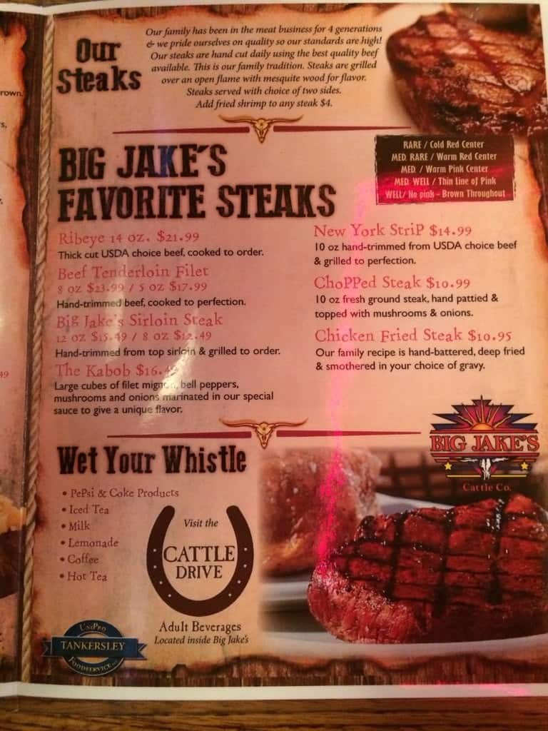 Menu at Big Jake's Cattle Co steakhouse, Van Buren, Fayetteville Rd