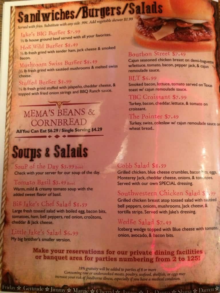 Menu at Big Jake's Cattle Co steakhouse, Van Buren, Fayetteville Rd