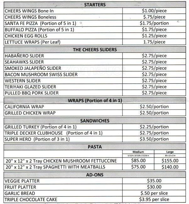 Menu at Cheers Bar & Grill South Hill, Puyallup