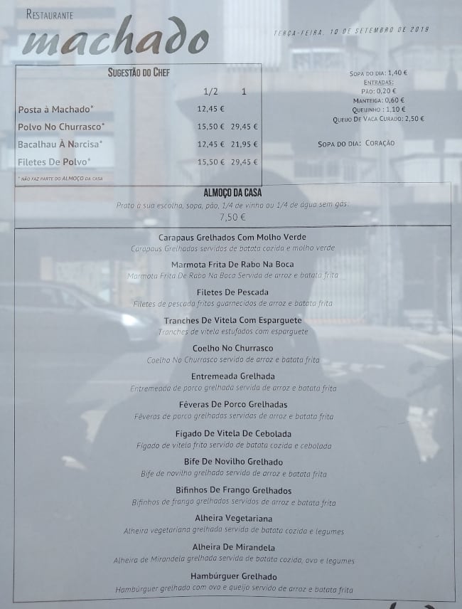 Menu at Machado restaurant, Porto, Rua da Constituicao 1343