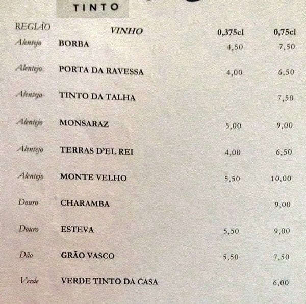 Menu at Machado restaurant, Porto, Rua da Constituicao 1343