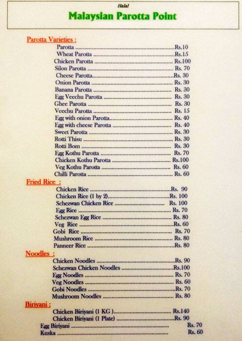 Menu of Malaysian Parotta Point, Velachery, Chennai