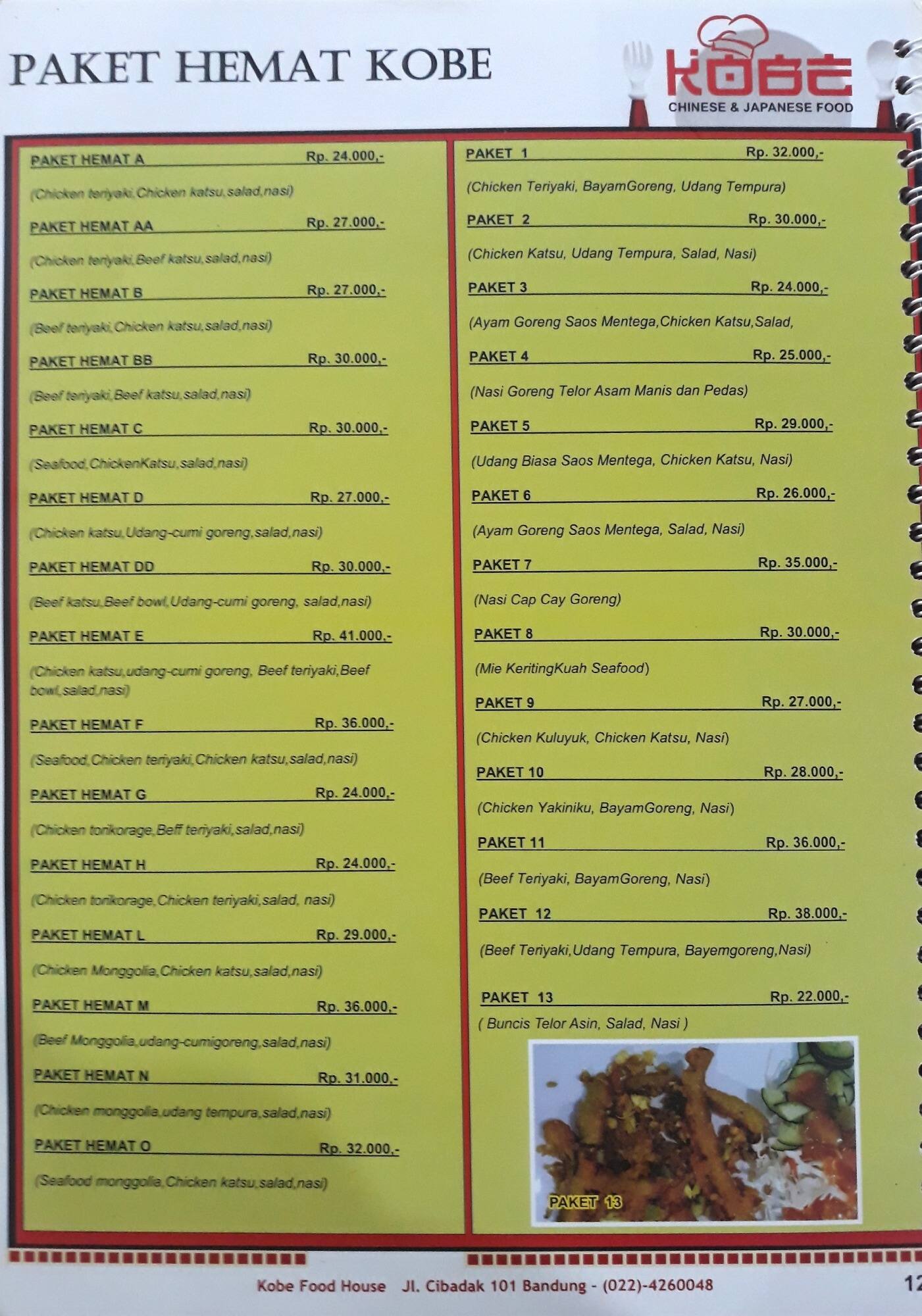 Menu at KOBE restaurant, Bandung