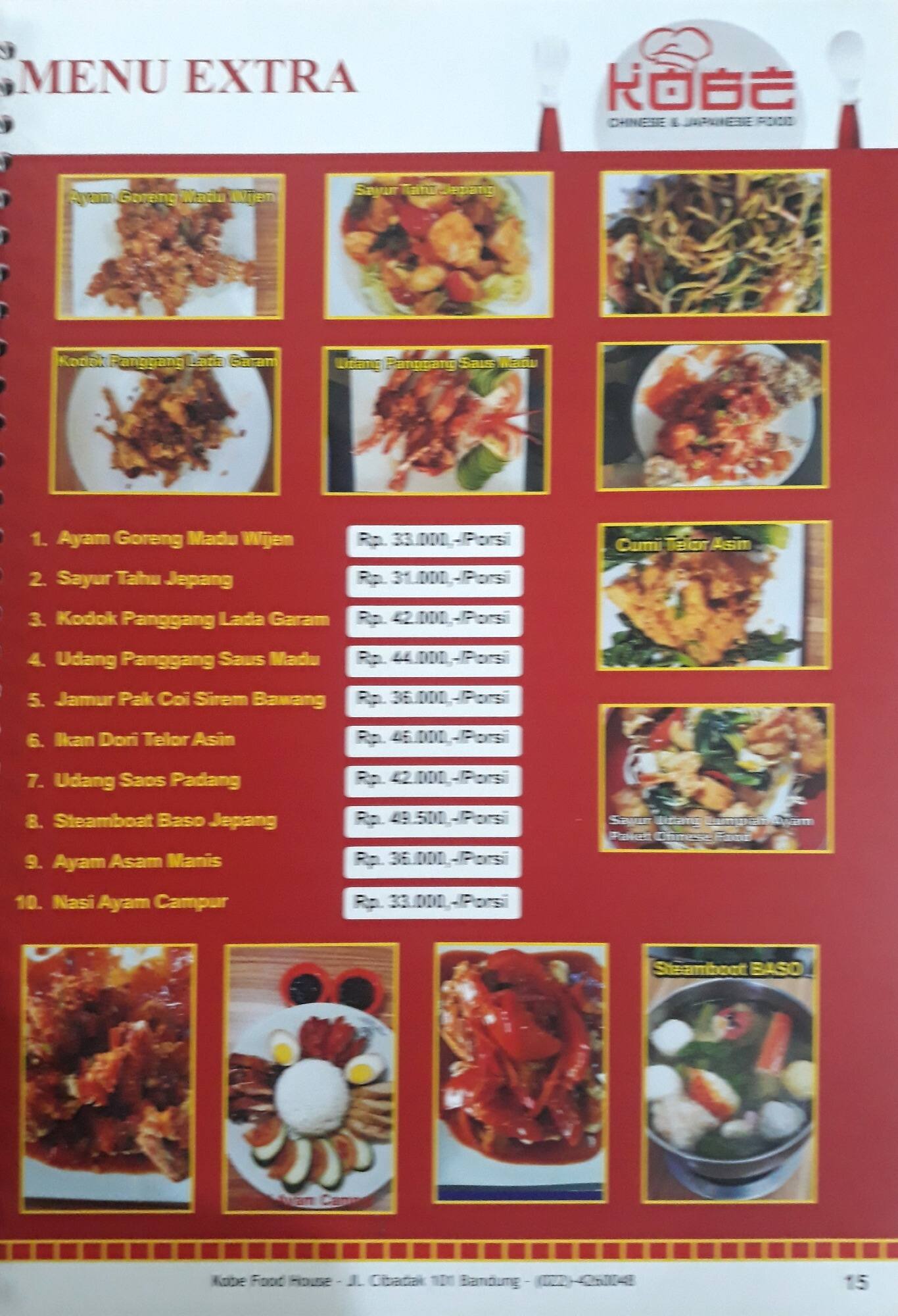 Menu at KOBE restaurant, Bandung