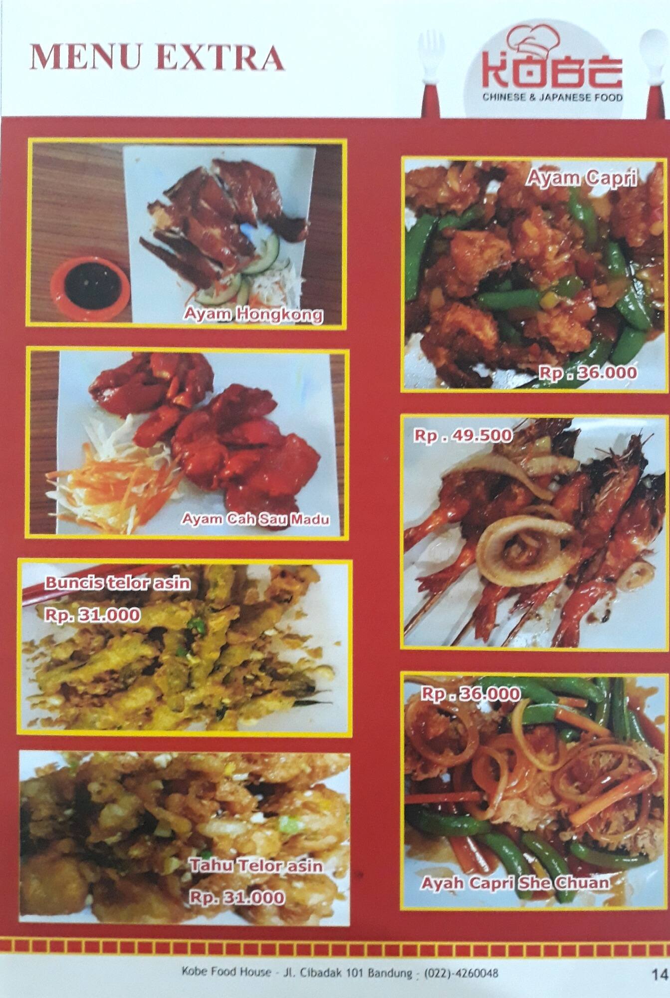 Menu at KOBE restaurant, Bandung