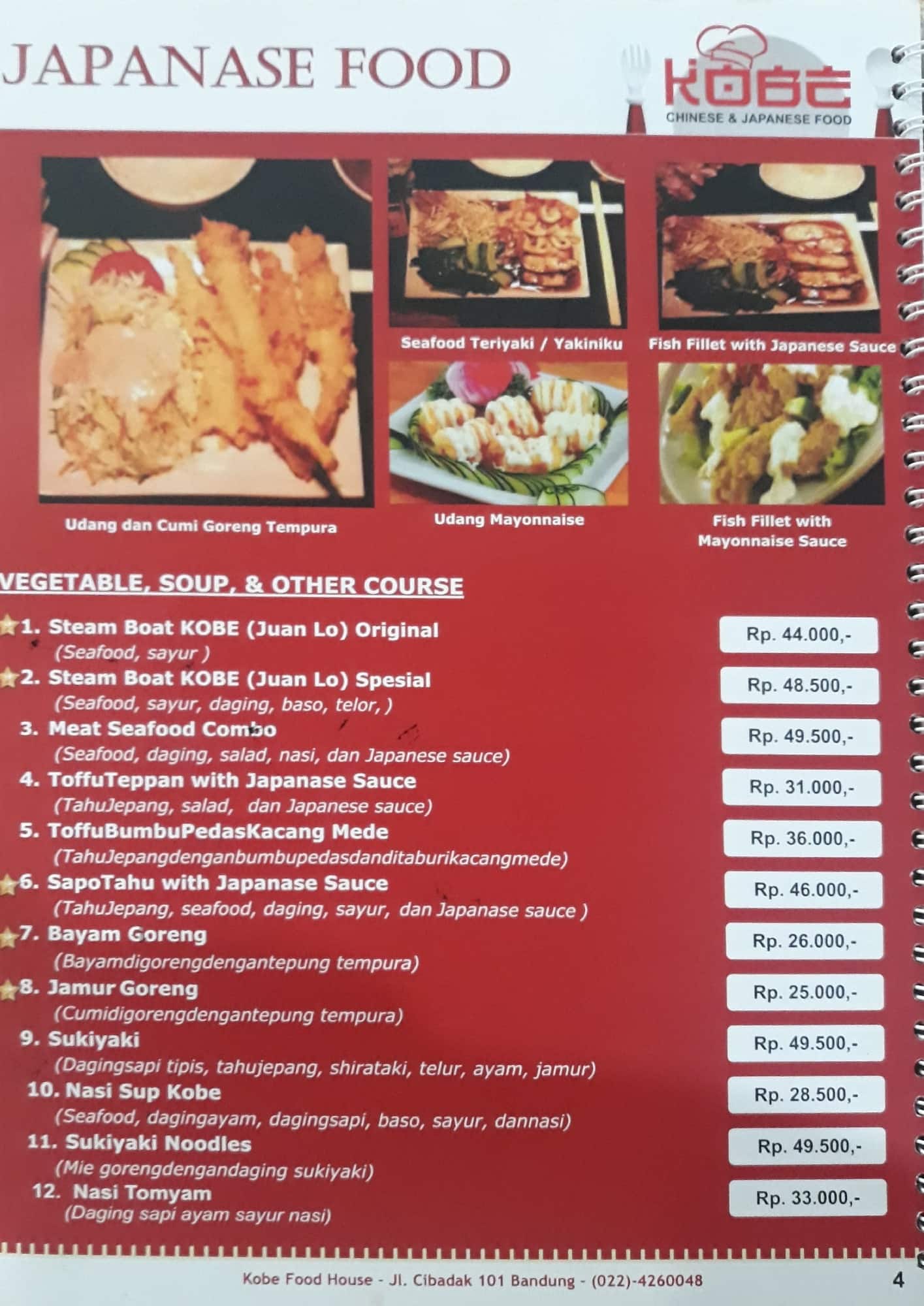 Menu at KOBE restaurant, Bandung