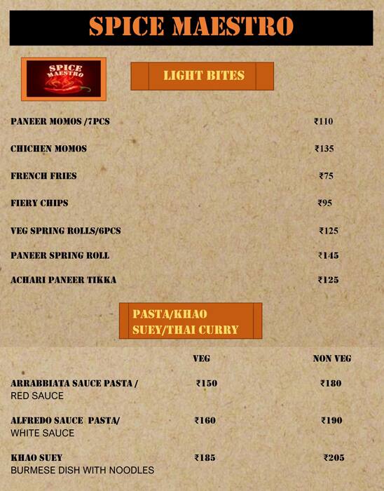 Menu of Spice Maestro, Palam Vihar, Gurgaon