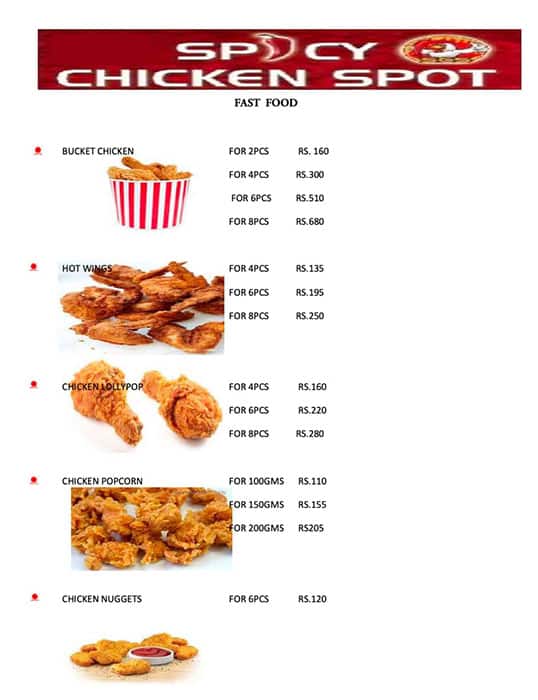 Menu of Spicy Chicken Spot, Arilova, Vizag