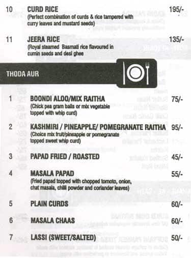 Menu at Indian Harvest, Mumbai, Opera House