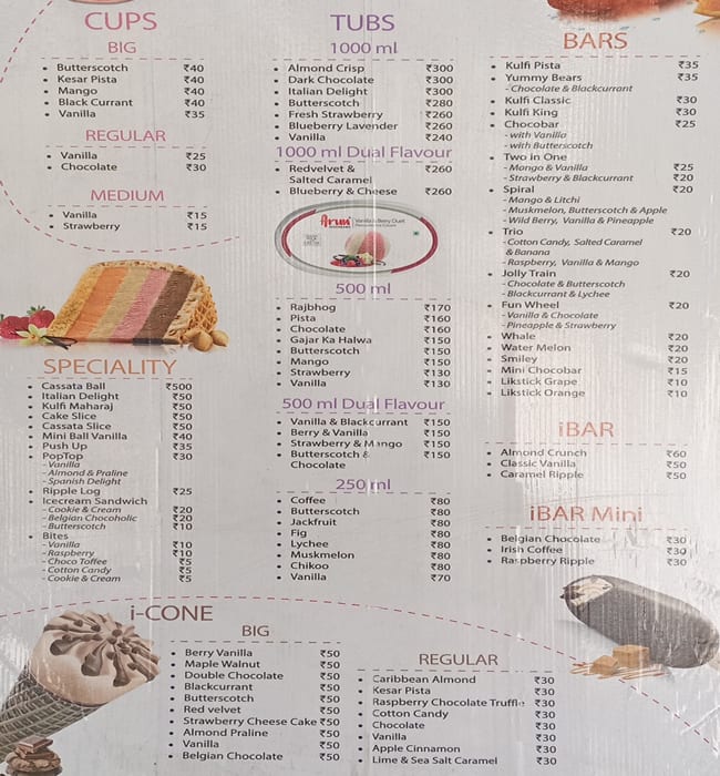 Menu of Arun Ice Cream, Thippasandra, Bangalore