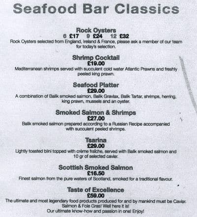 Menu at Caviar House Piccadilly restaurant, London, 161 Piccadilly