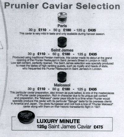 Menu at Caviar House Piccadilly restaurant, London, 161 Piccadilly