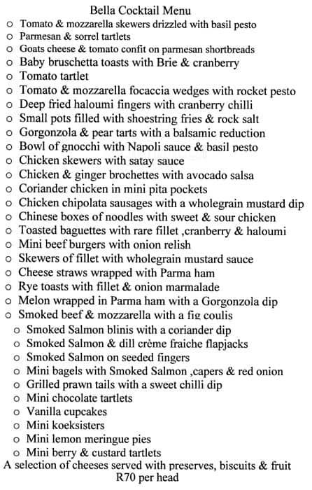 Menu at Bella Restaurant, Sandton