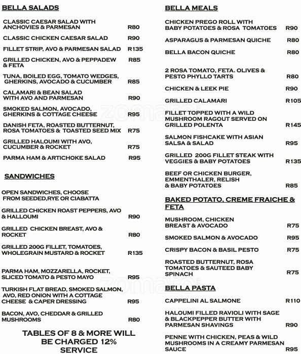 Menu at Bella Restaurant, Sandton
