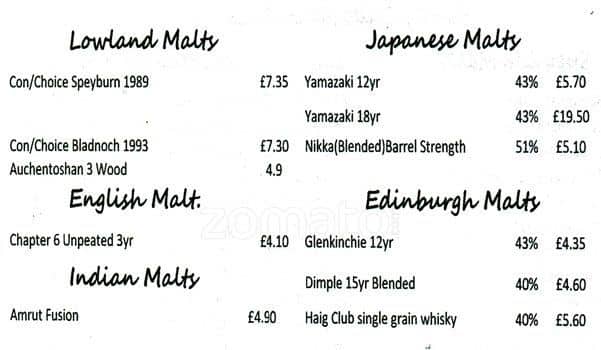 Menu at Sandy Bell's pub & bar, Edinburgh