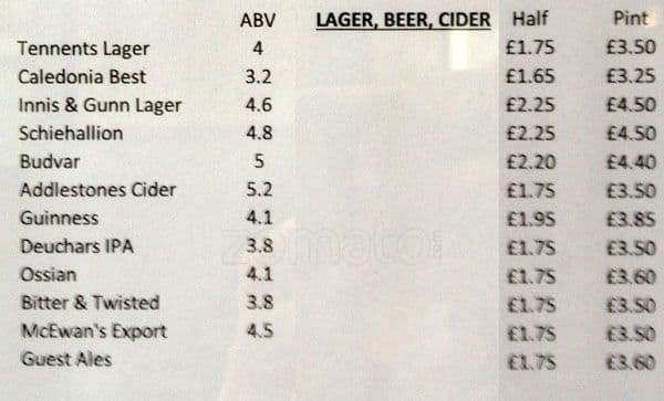 Menu at Sandy Bell's pub & bar, Edinburgh