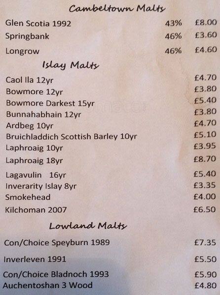 Menu at Sandy Bell's pub & bar, Edinburgh