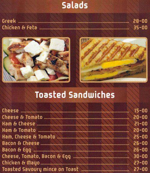 Menu at Varsity Cafe, Pretoria
