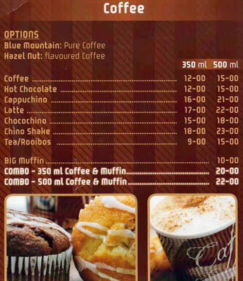 Menu at Varsity Cafe, Pretoria