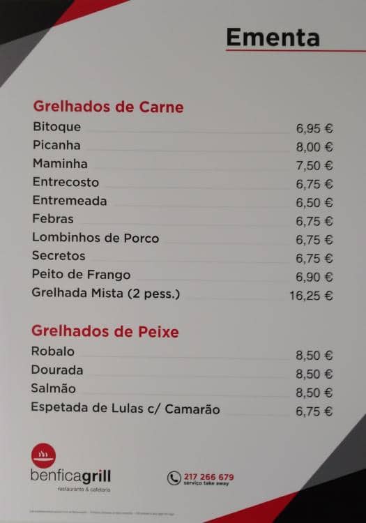 Menu at Benfica Grill steakhouse, Lisbon