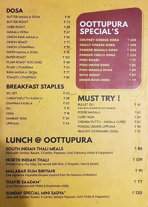 Menu of Gokul Oottupura, Kadavanthra, Kochi