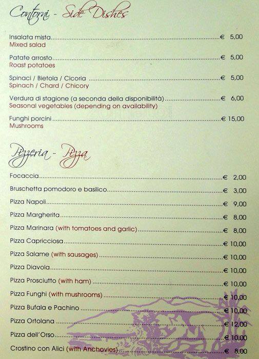 Menu at L'orso 80 restaurant, Rome