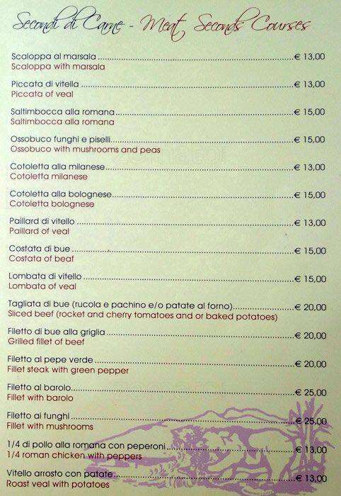 Menu at L'orso 80 restaurant, Rome